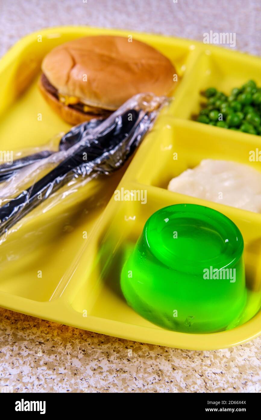 Elementary school lunch cheeseburger with ripple cut french fries ...