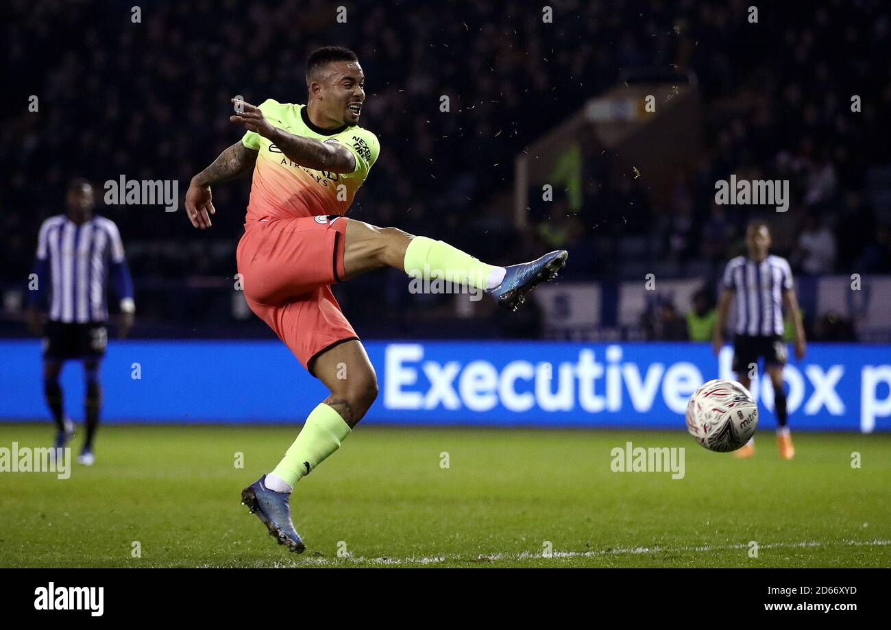 Manchester City's Gabriel Jesus fails to connect with a shot on goal ...