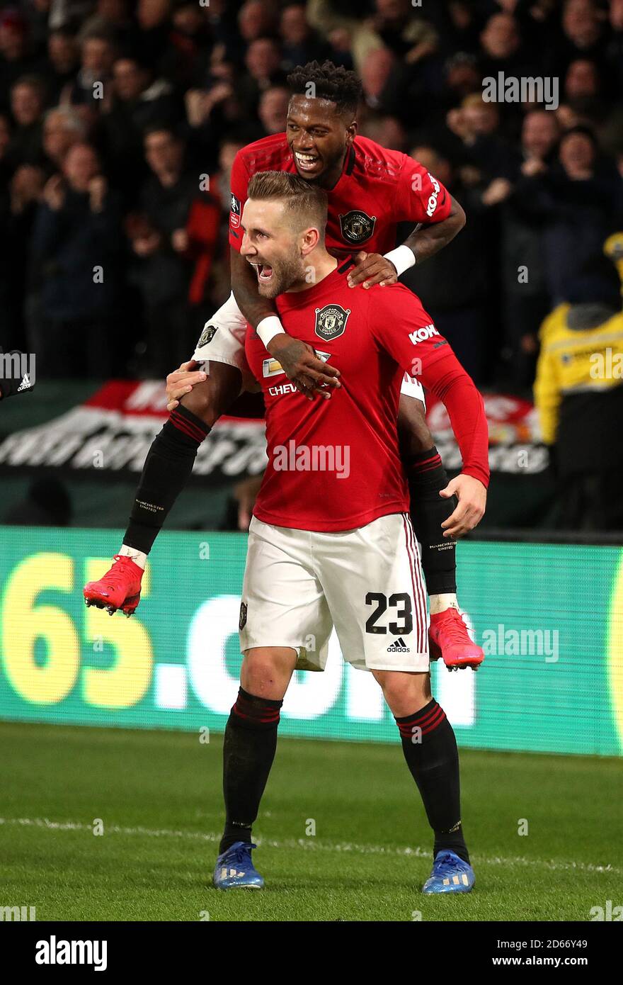 Manchester United's Luke Shaw (23) celebrates scoring his side's first ...