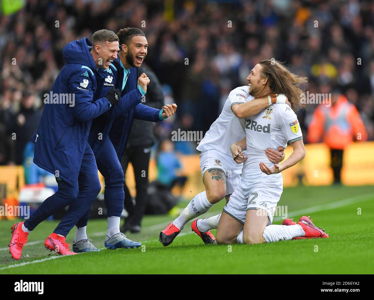Leeds United's Luke Ayling is mobbed by team mates after scoring his ...