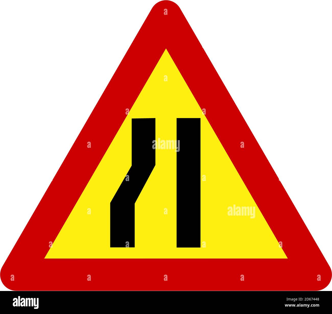 Warning sign with narrow road on left symbol Stock Photo - Alamy