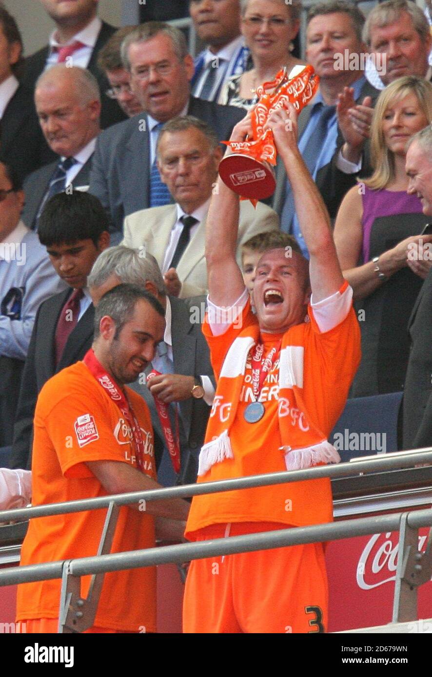 Blackpool's Stephen Crainey celebrates with the Play Off Final Trophy ...