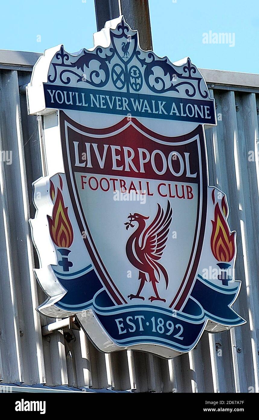 General view of the Liverpool FC crest on a stand at Anfield Stock ...