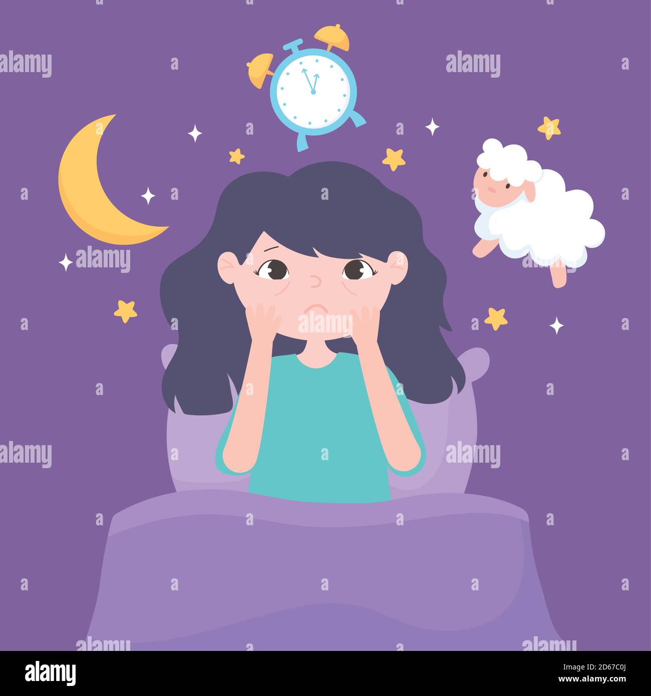 insomnia, girl sitting on bed sheep clock moon vector illustration ...