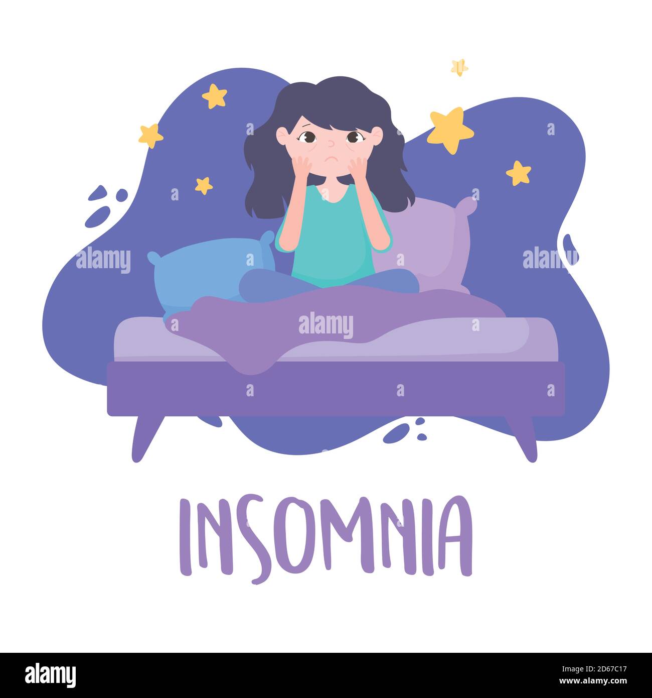 insomnia, sleepless girl on bed with eye bags vector illustration Stock ...
