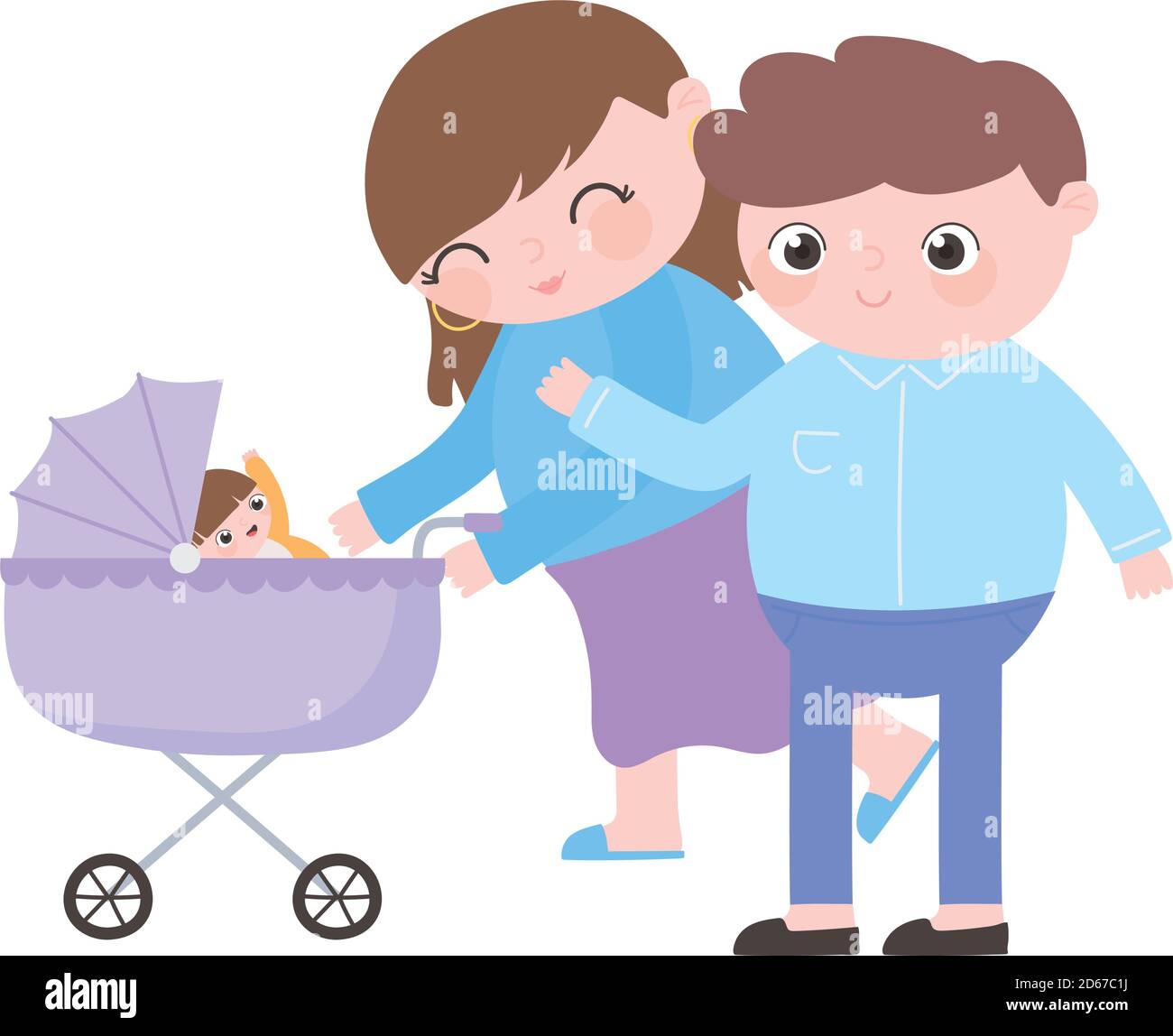 pregnancy and maternity, happy parents with baby in pram vector ...