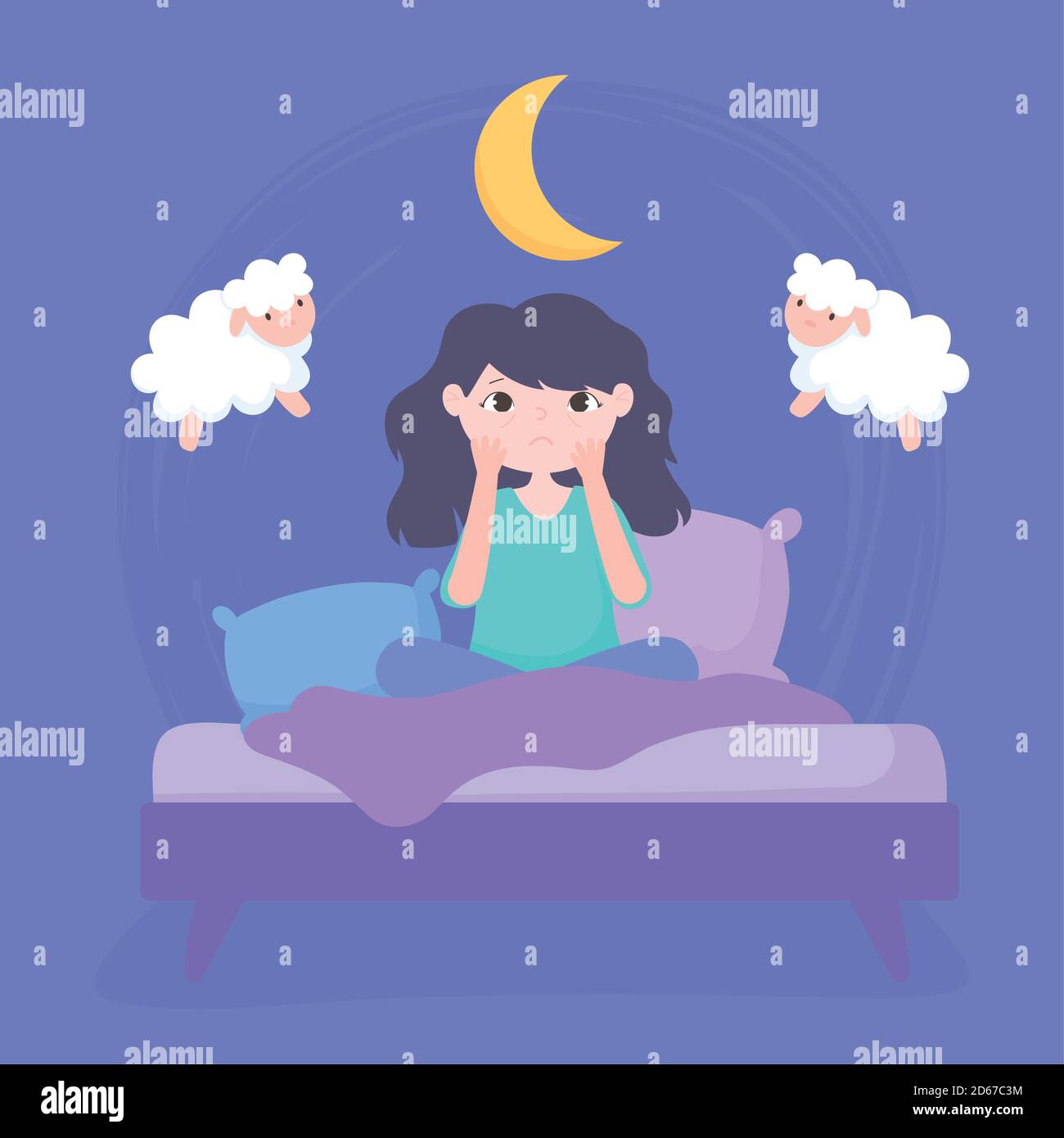insomnia, girl with eyes bag sitting in the bed vector illustration ...
