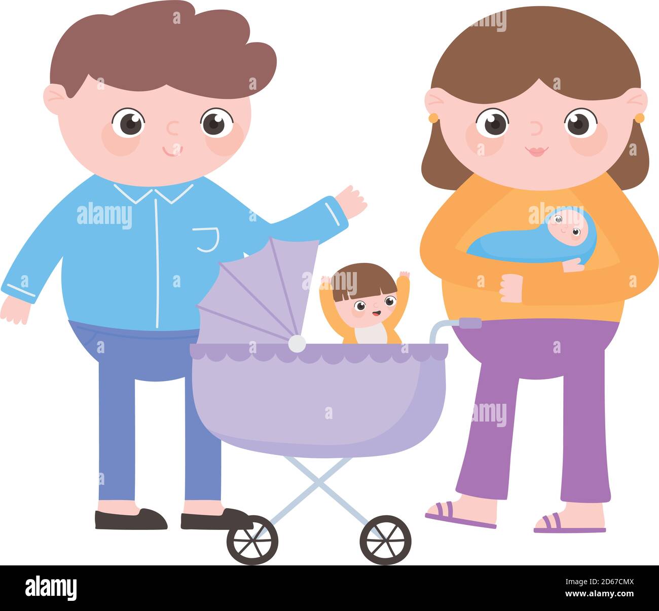 pregnancy and maternity, parents with baby and little boy in the pram ...