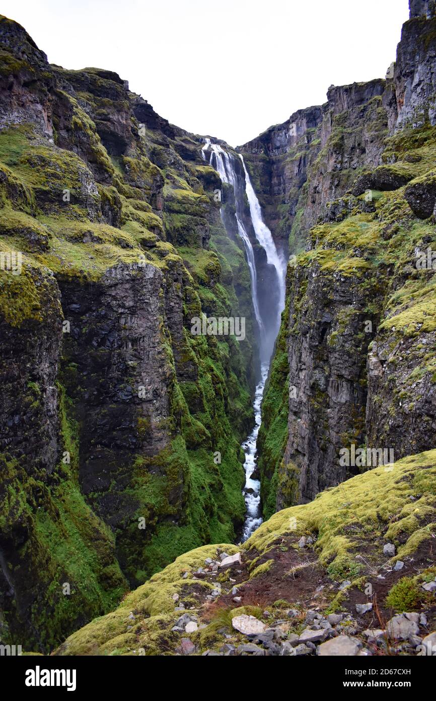 Looking along the canyon to view Glymur waterfall, the second highest ...