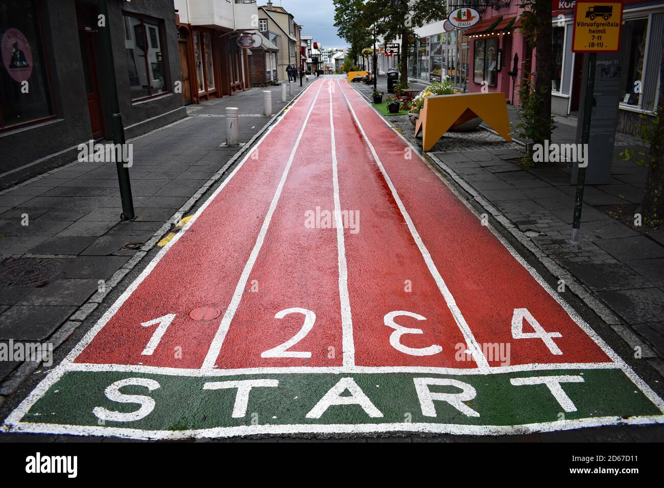 Laugavegur, the main shopping street in Reykjavik, Iceland. A numbered ...