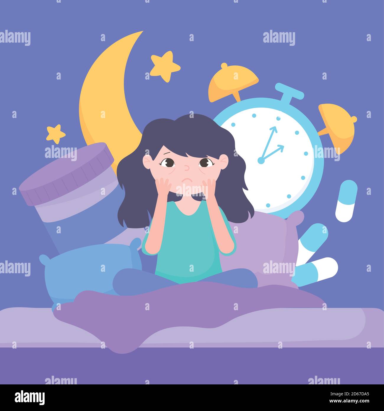 insomnia, girl with sleep disorder, medicine clock night moon vector ...