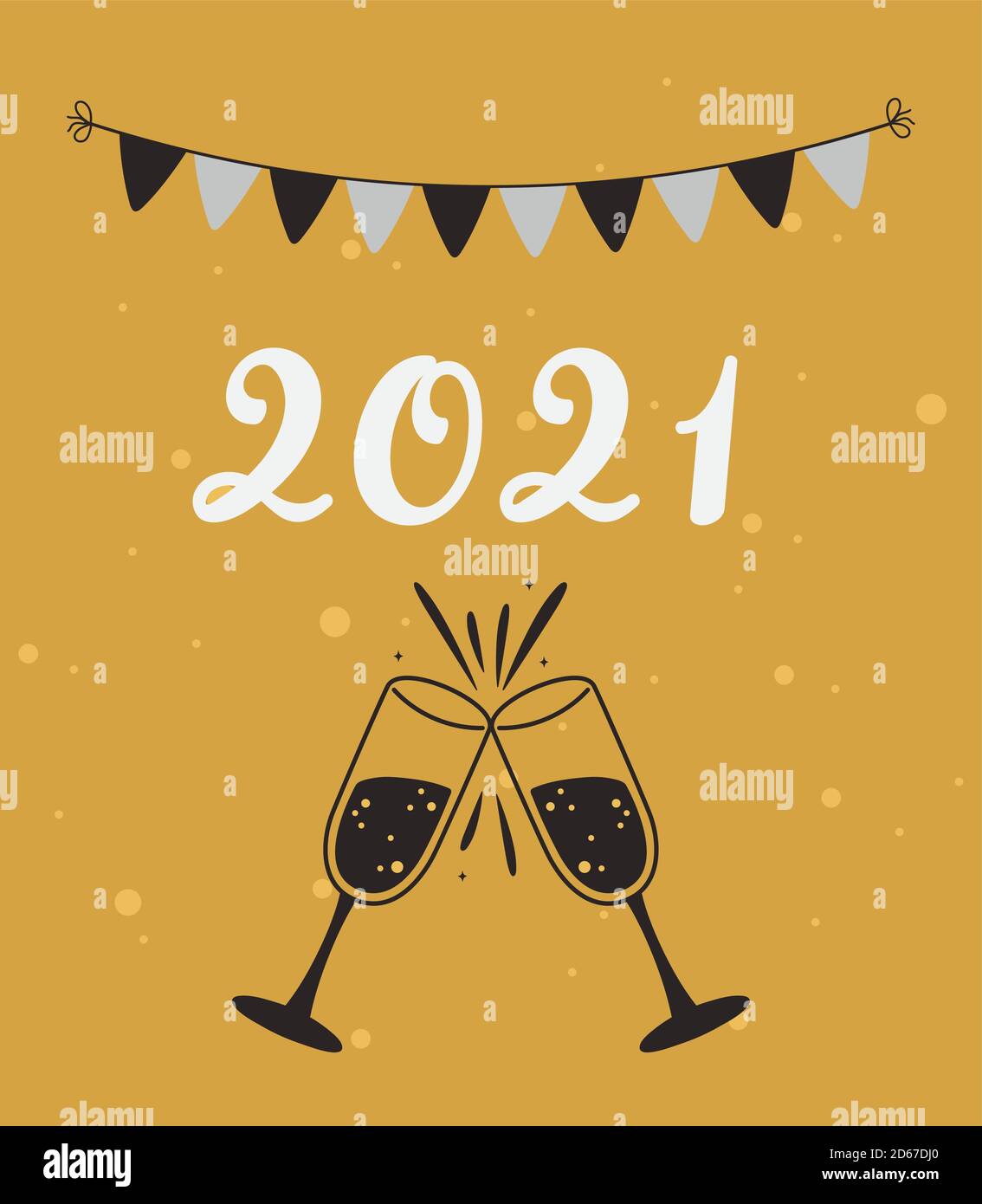 happy new year 2021, toast glasses and pennants decoration card vector ...