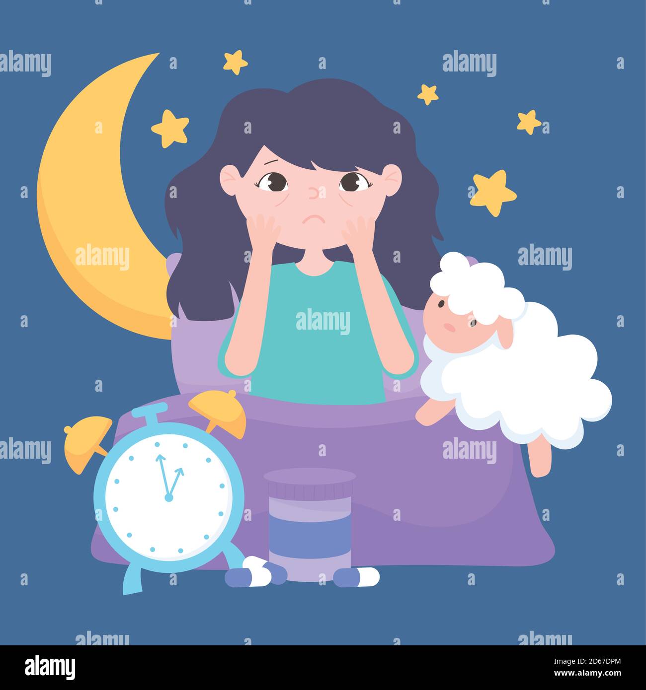 insomnia, sleepless girl on bed with sheep clock moon stars night ...