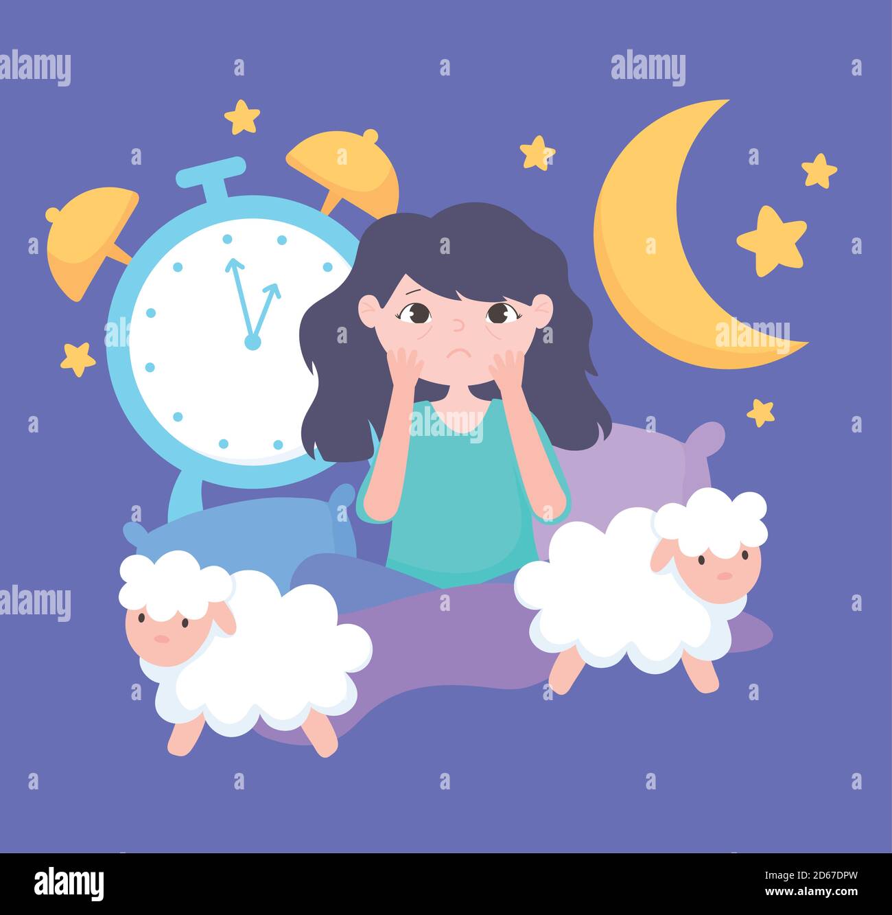 insomnia, worried girl in the bed with sheeps and clock vector ...