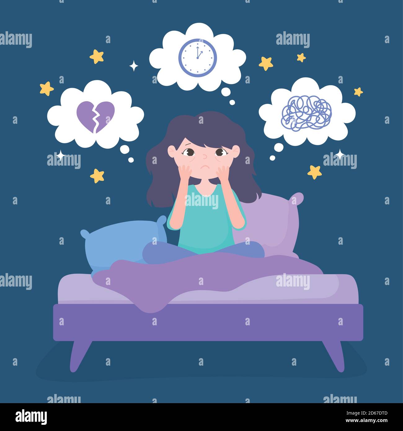 insomnia, girl in bed with depression anxiety vector illustration Stock ...