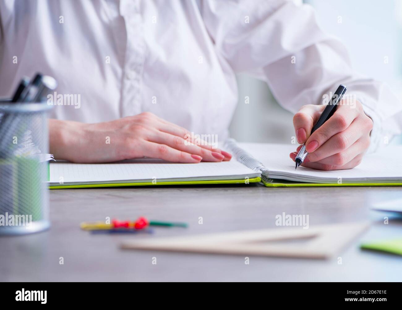 The woman hands working on computer at desk Stock Photo - Alamy