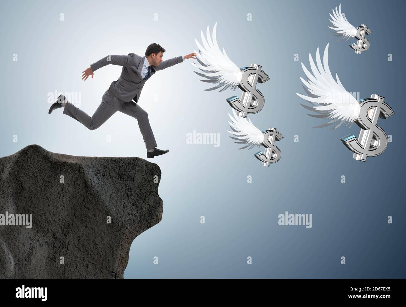 The businessman chasing angel dollars in business concept Stock Photo ...