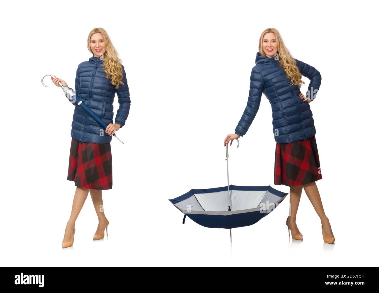 The pretty female model in blue jacket isolated on white Stock Photo ...