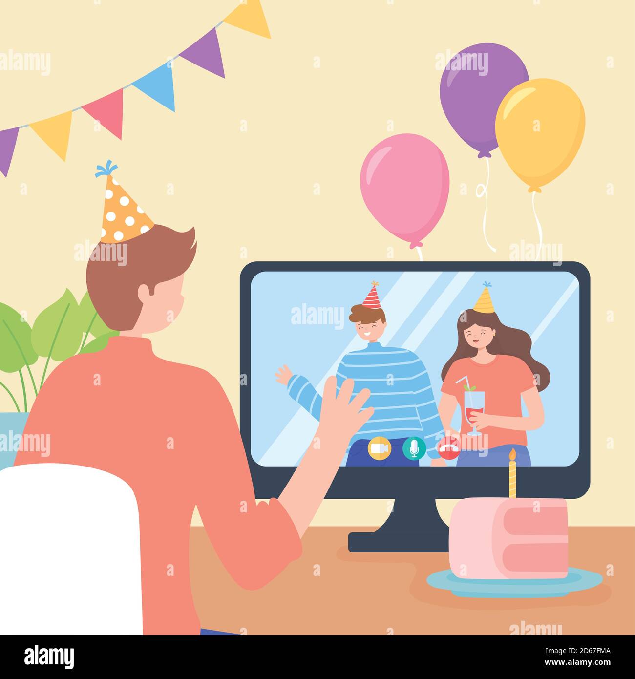 online party, man celebrating with friends connected by computer vector ...
