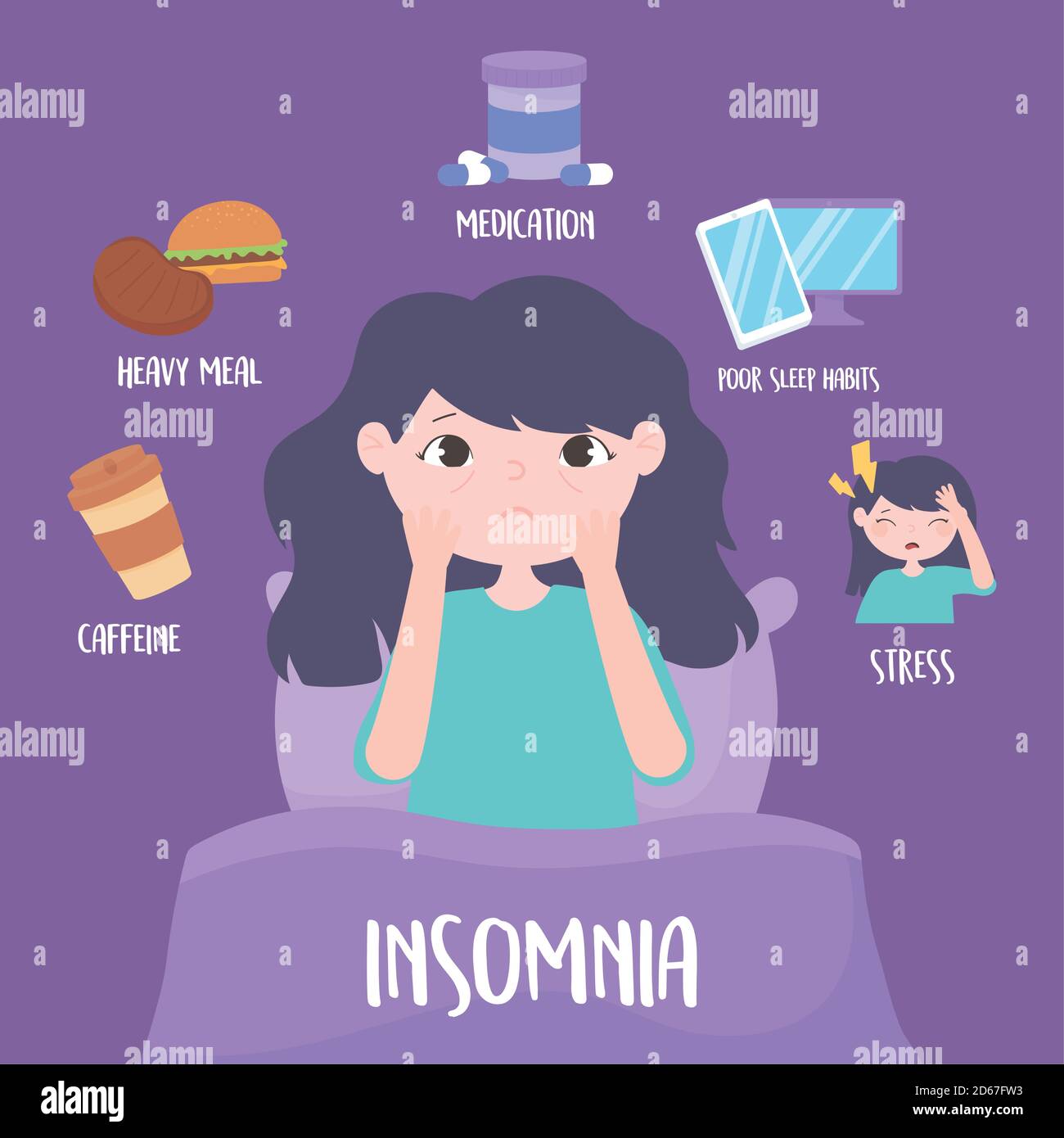 insomnia, girl in the bed, reasons disease caffeine heavy meal medicine ...