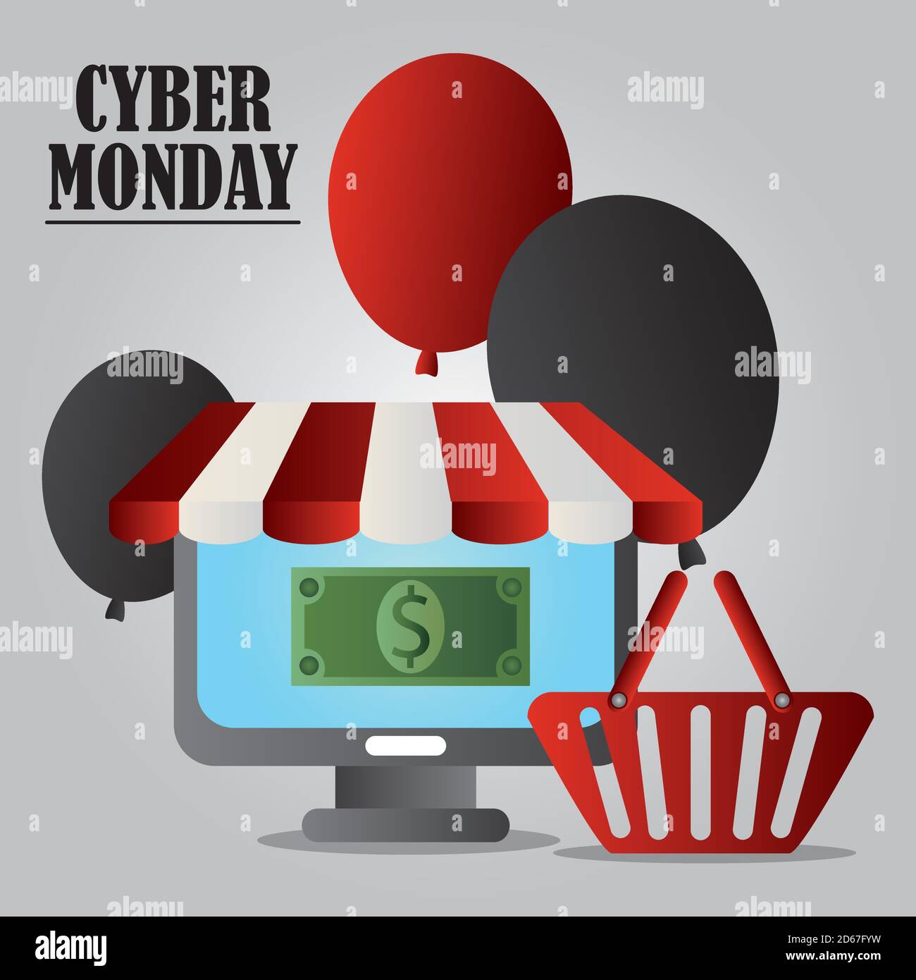 cyber monday, computer shopping basket and balloons money vector ...