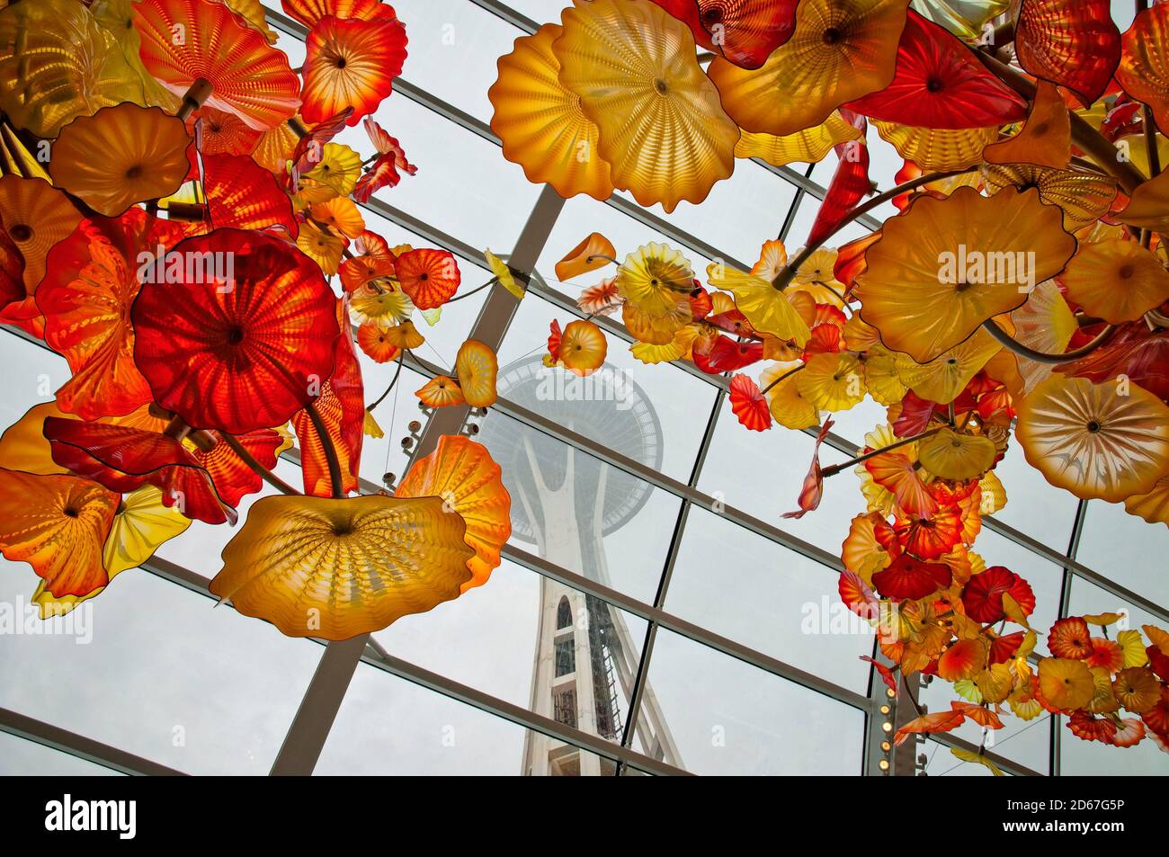 Glasshouse. and Space Needle symbol of Seattle, Washington State, USA ...