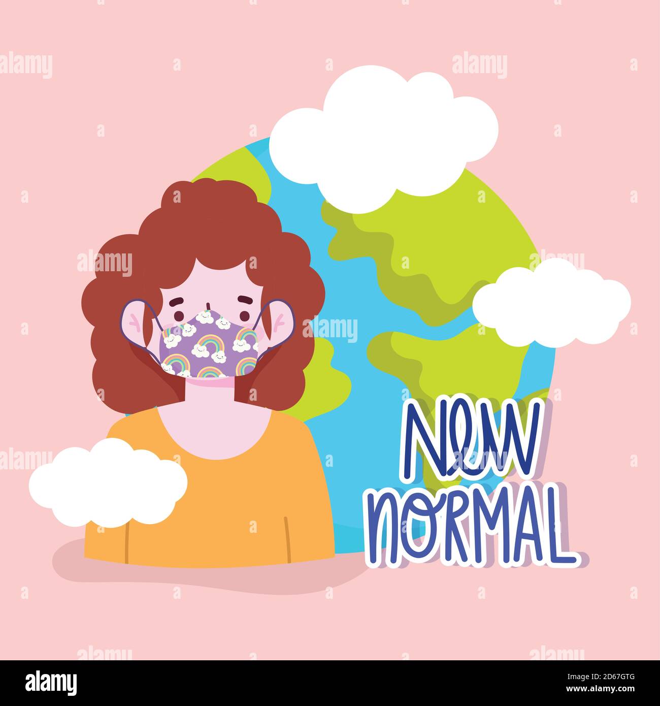 new normal lifestyle, cartoon woman with protective mask and world ...