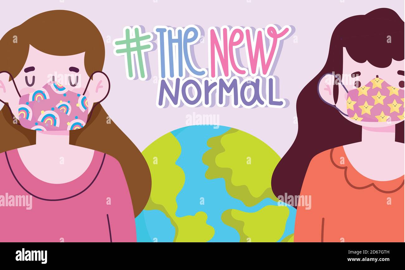 new normal lifestyle, cute women with maks and world vector ...