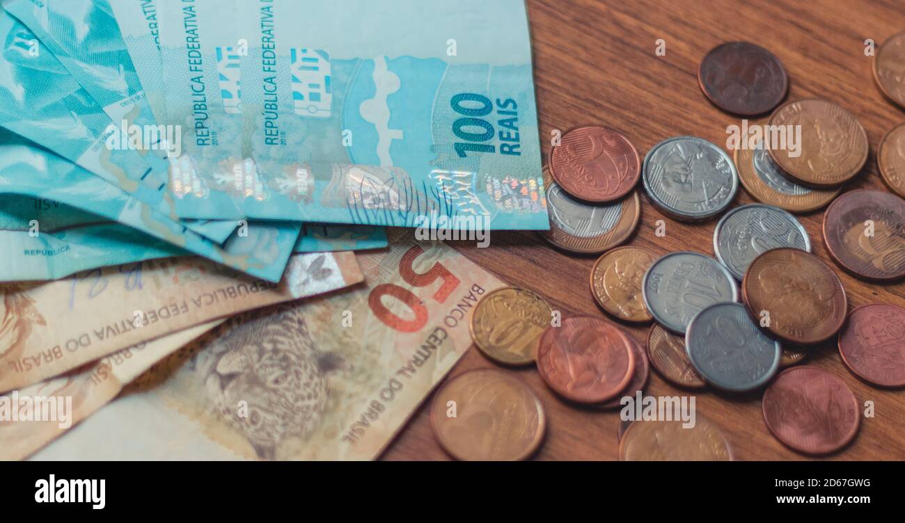 Money from Brazil. Notes of Real, and coins, Brazilian currency, Brazil ...
