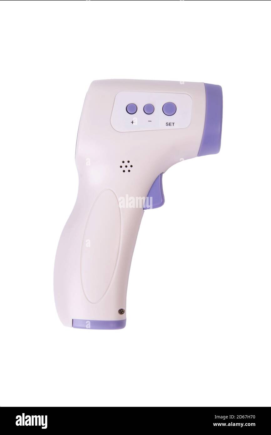 Side view of small handheld digital infrared thermometer on white ...