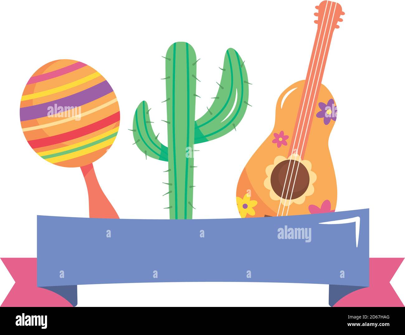 mexican maraca, guitar and cactus with decorative ribbon over white ...