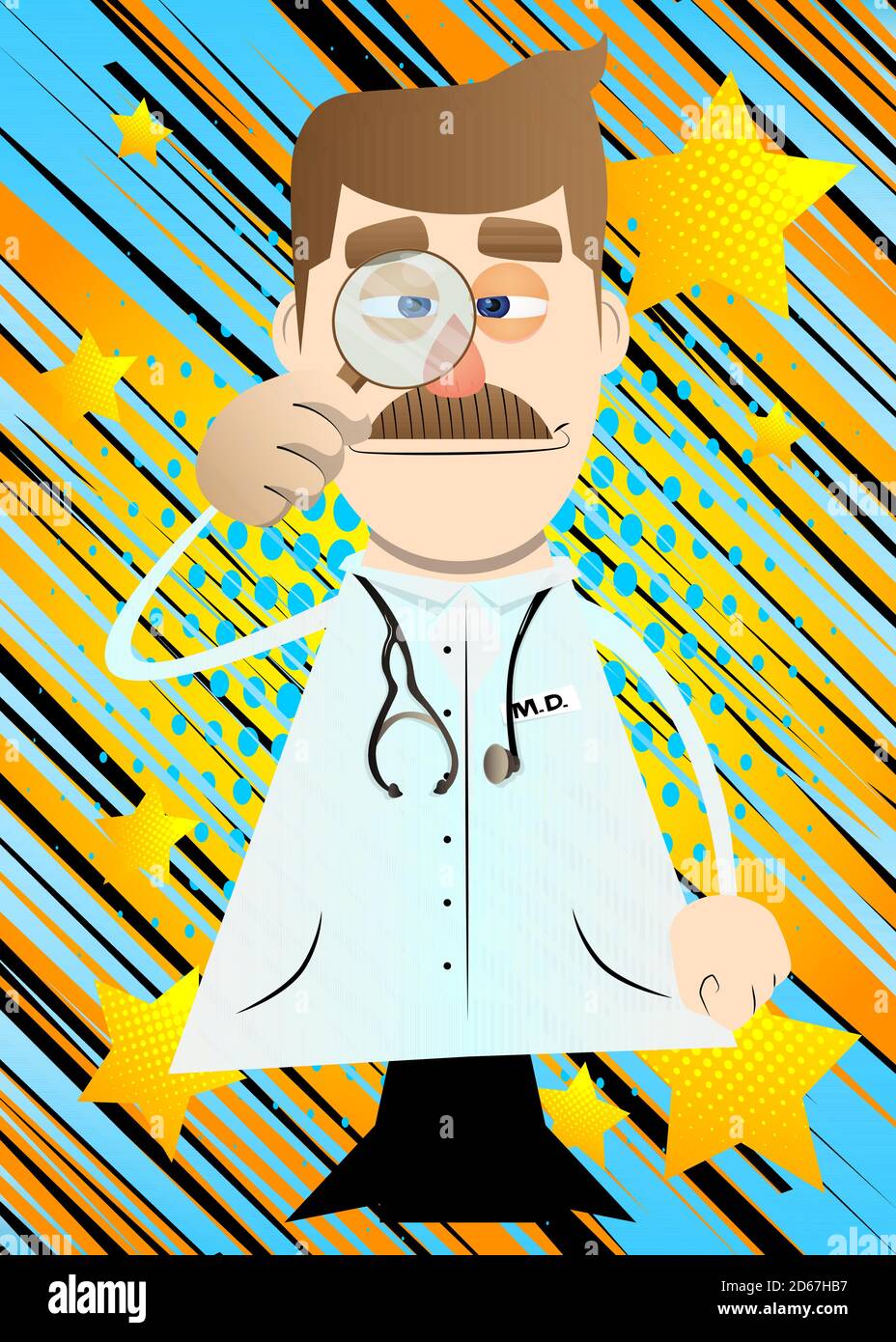 Funny cartoon doctor holding a magnifying glass. Vector illustration ...