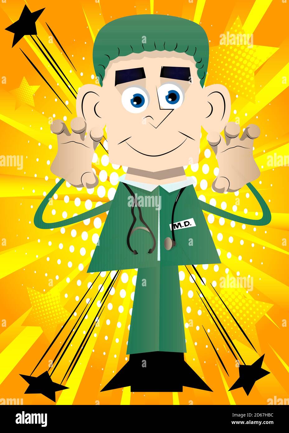 Funny cartoon doctor is trying to scare you. Vector illustration Stock ...
