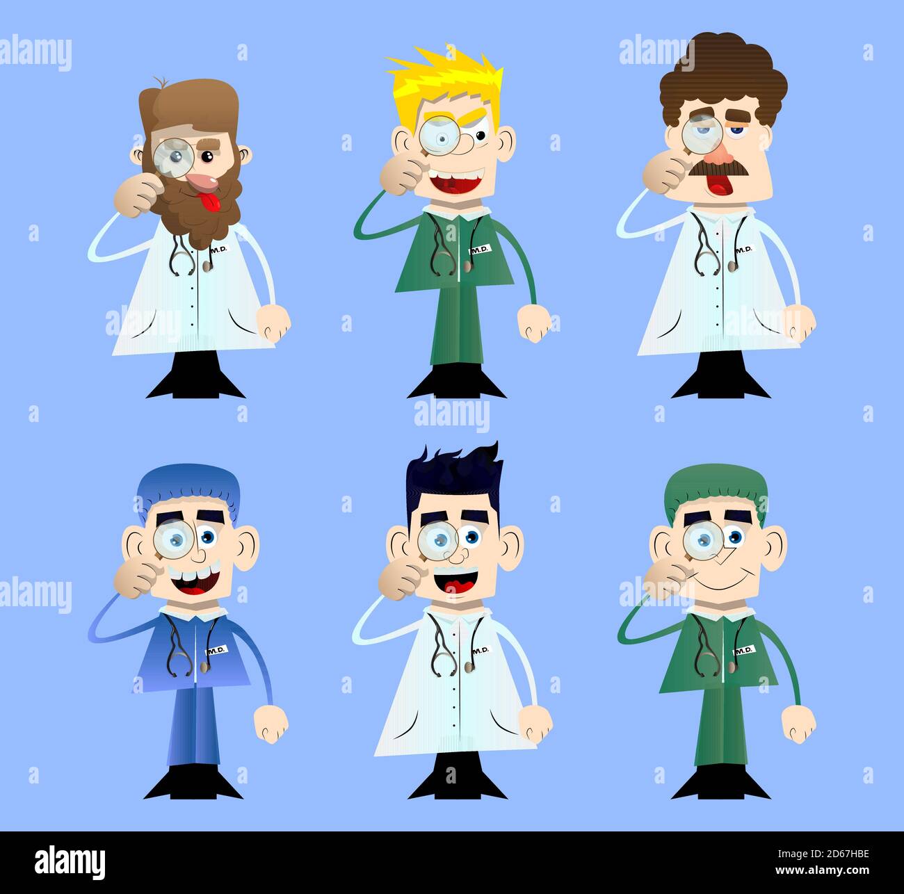 Funny cartoon doctor holding a magnifying glass. Vector illustration ...