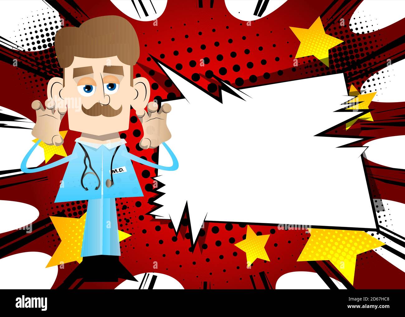 Funny cartoon doctor is trying to scare you. Vector illustration Stock ...