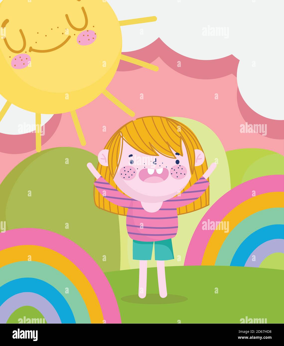 childrens day, cartoon boy in the magic scene with rainbows and sun ...