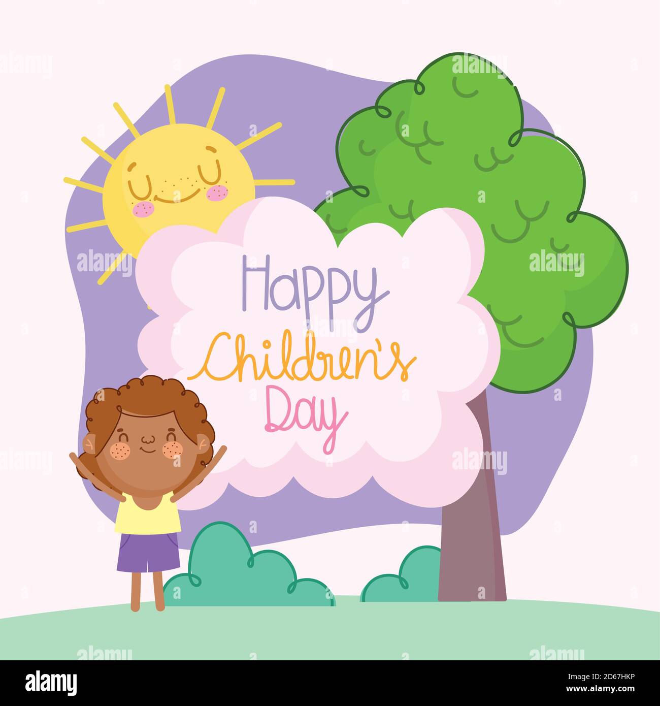 childrens day, cartoon boy in the park and lettering in cloud vector ...
