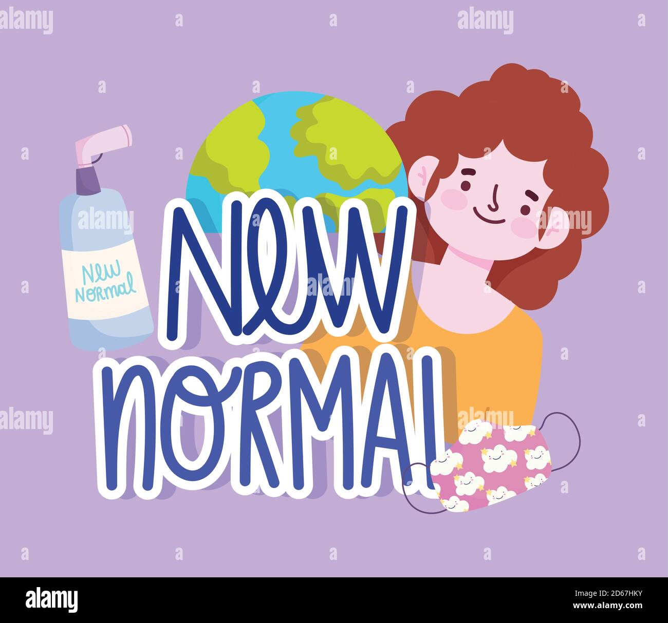 new normal lifestyle, girl world mask and disinfect bottle vector ...