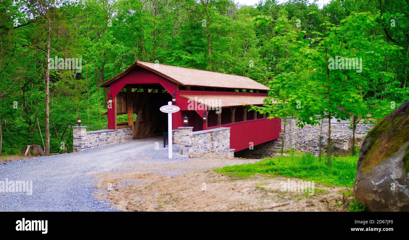 Aerial View of a Restored Covered Bridge and Stone Works Stock Photo ...