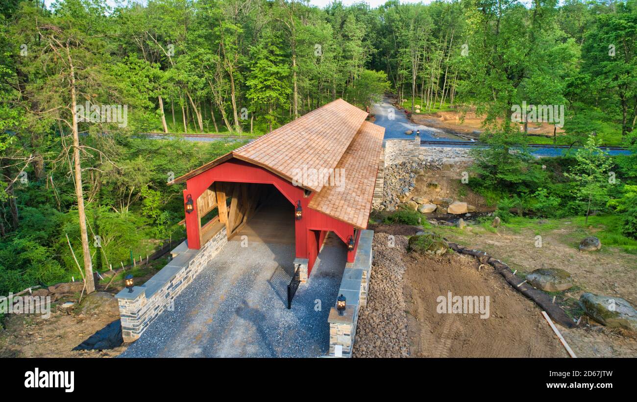 Aerial View of a Restored Covered Bridge and Stone Works Stock Photo ...
