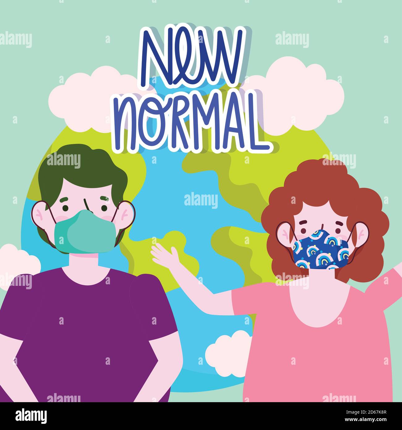 new normal lifestyle, cute couple with protective masks and world ...