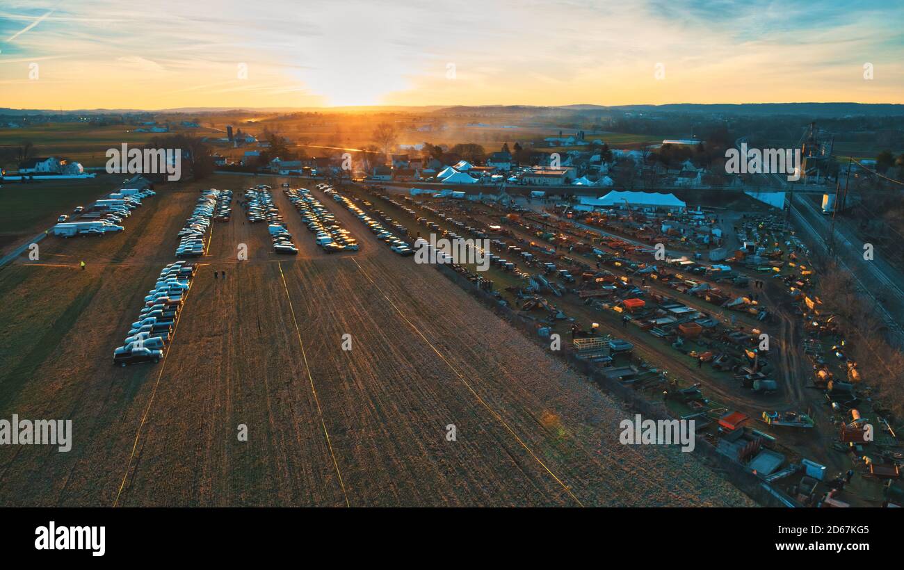 Aerial View of an Amish Mud Sale with Lots of Buggies and Farm ...