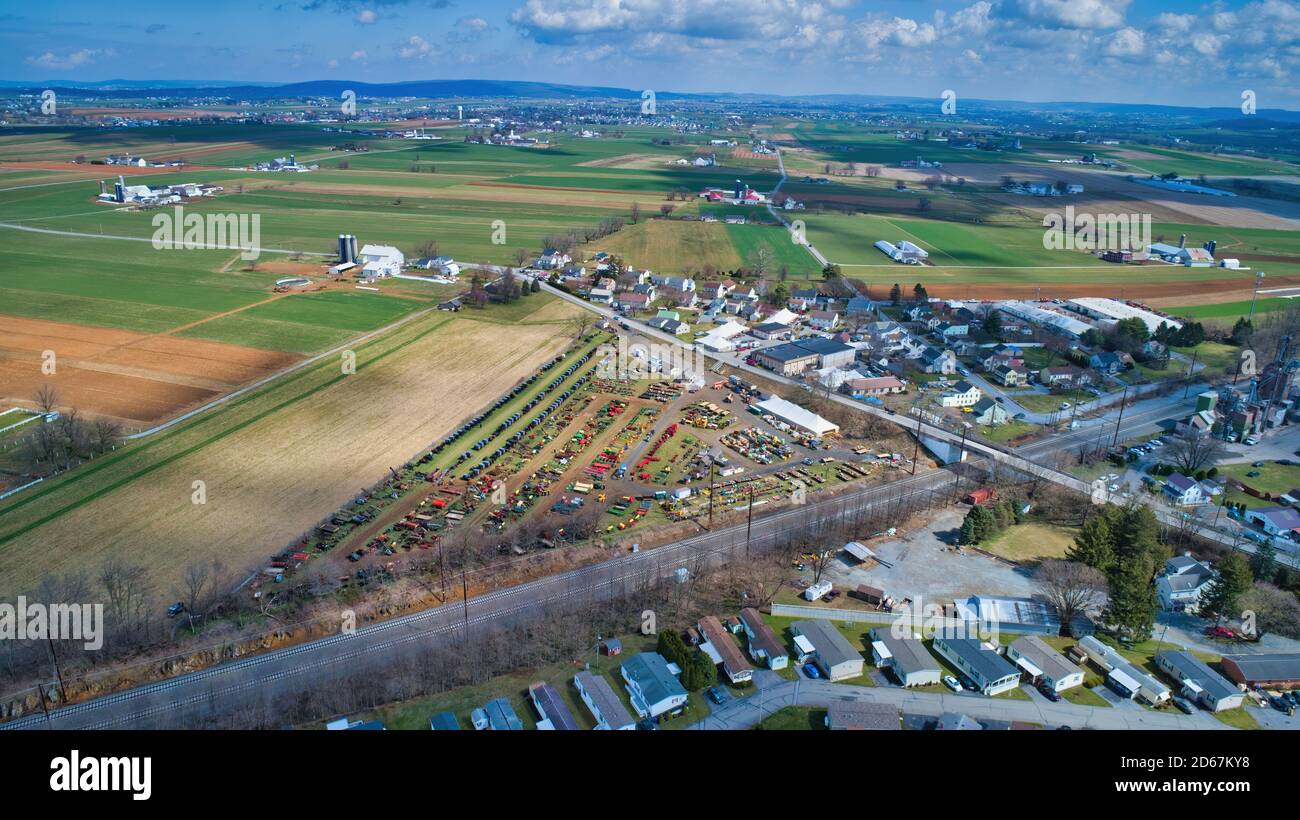 Aerial View of an Amish Mud Sale with Lots of Buggies and Farm ...