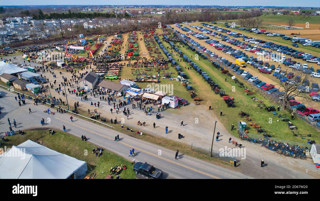 Aerial View of an Amish Mud Sale with Lots of Buggies and Farm ...