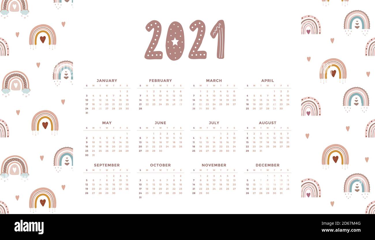 Cute calendar 2021 with boho rainbow for children. Cartoon vector ...