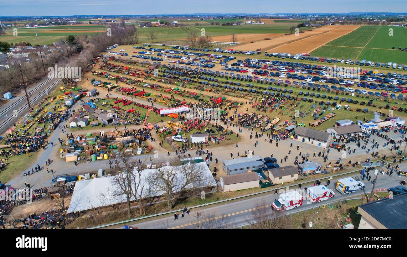 Aerial View of an Amish Mud Sale with Lots of Buggies and Farm ...