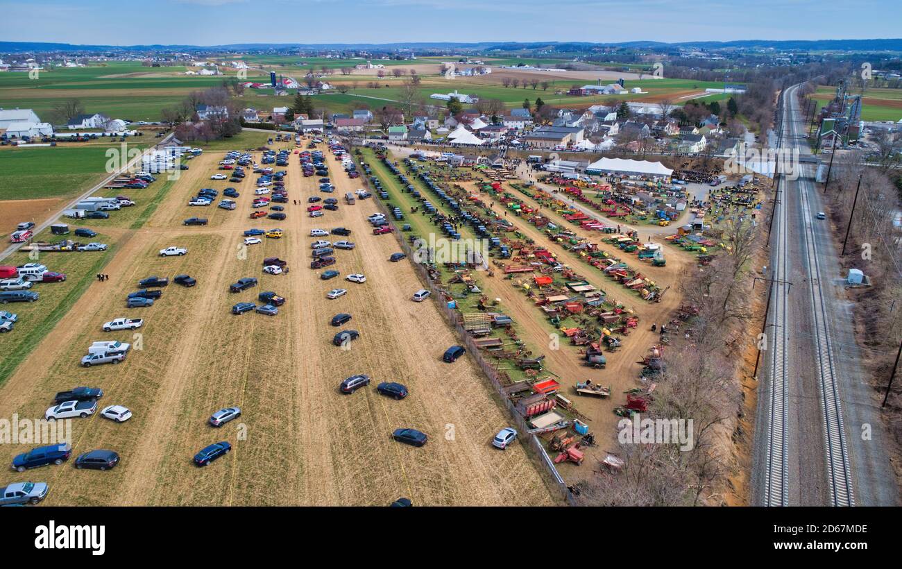 Aerial View of an Amish Mud Sale with Lots of Buggies and Farm ...