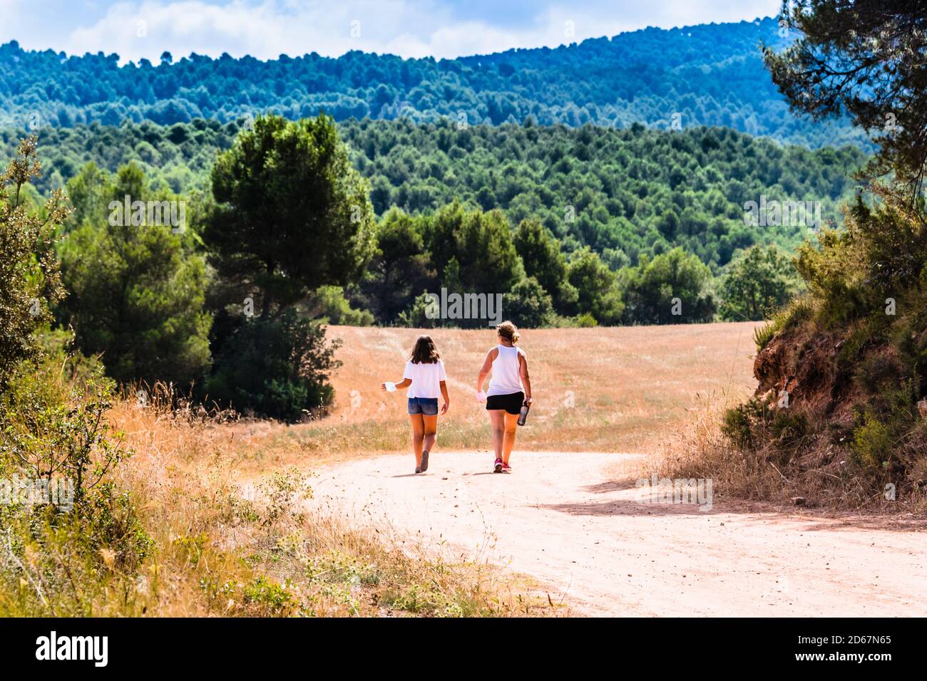 Female friends walking along a pathway surrounded by beautiful greenery ...