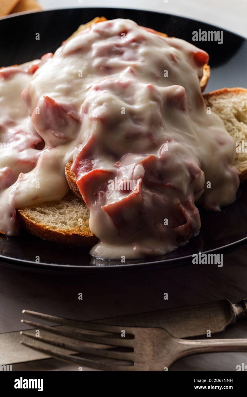 Creamed and chipped beef on sliced toast on marble kitchen table also ...