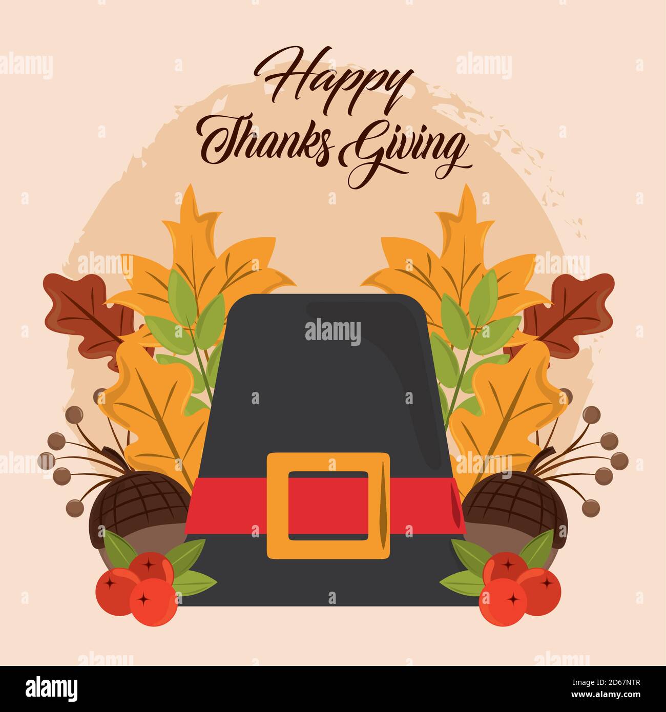happy thanksgiving day, pilgrim hat acorns autumn leaves foliage vector illustration Stock ...